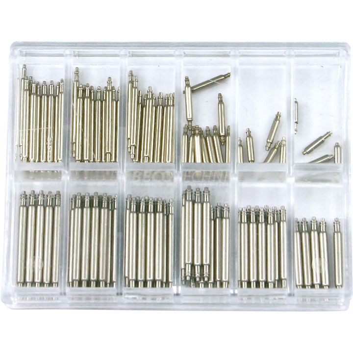 Assortment of 100 spring bars with flange Ø 1,3 + 1,4 + 1,8 mm length 6 ...